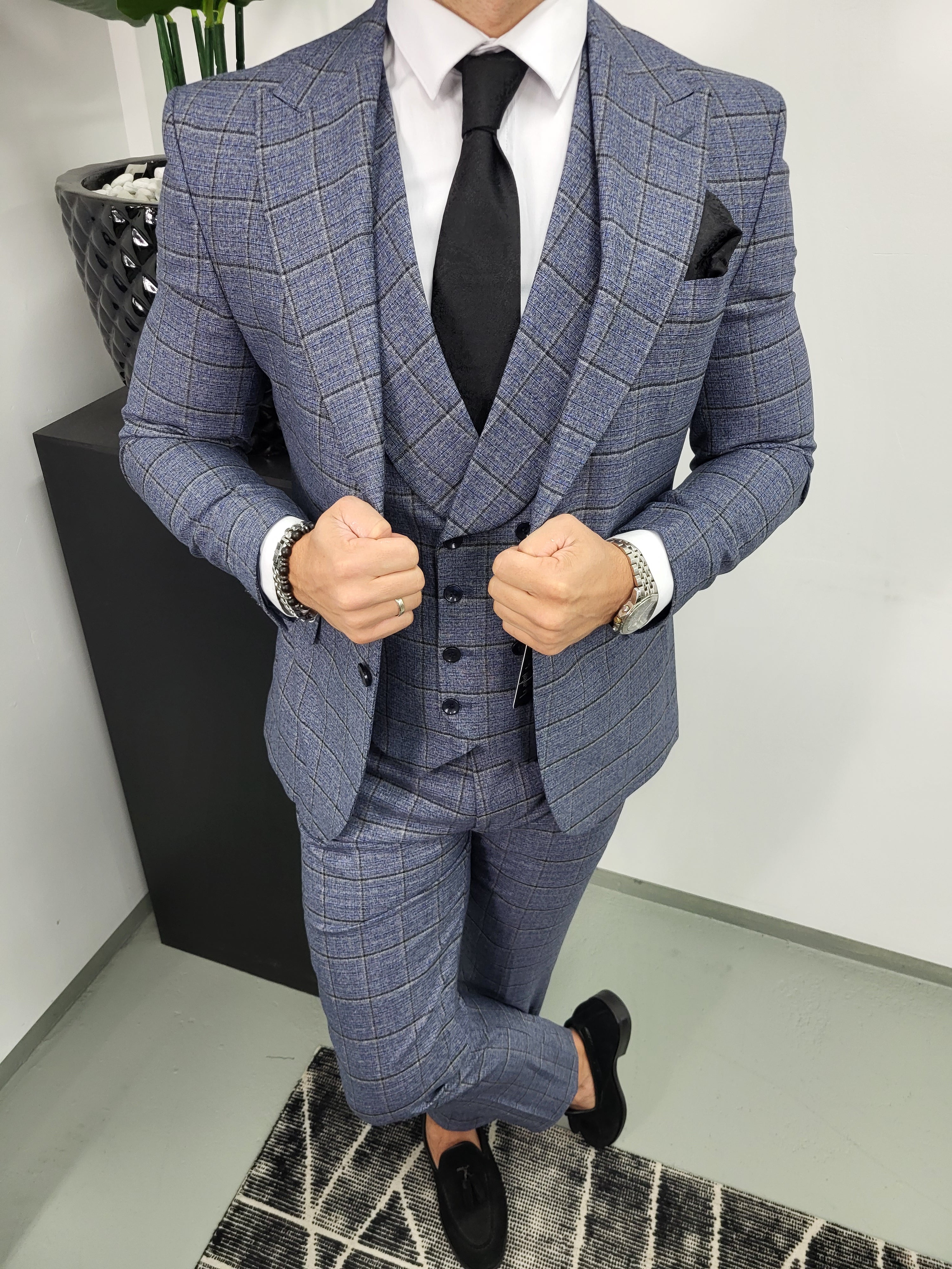 Birmingham Heren 3-delig Pak Licht Blauw Zwart Geruit – DOLPIERRE